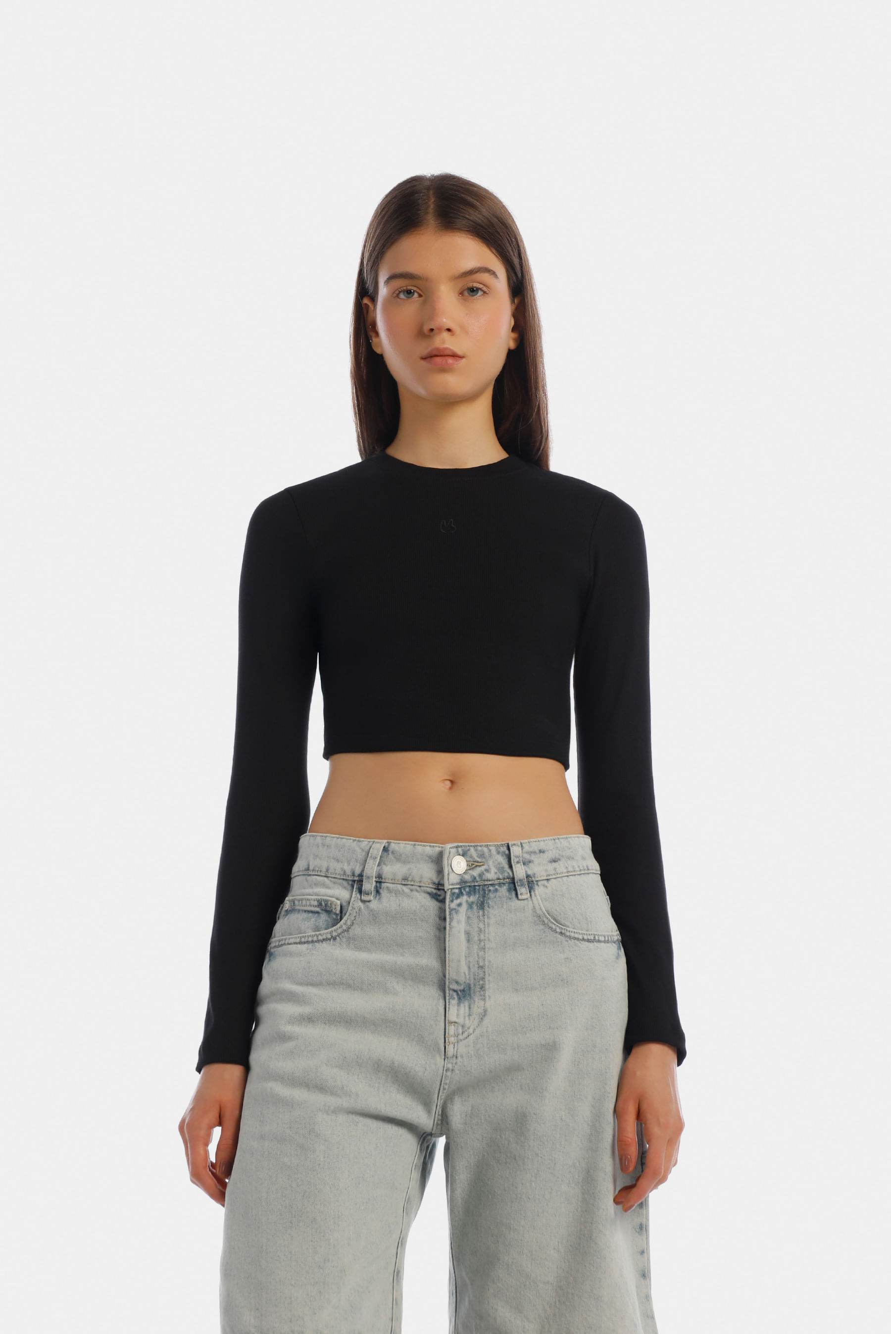 Top Manga Larga Negro Ícono Tops para mujer